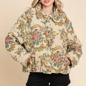 iwt brands | Jackets & Coats | Floral Print Puff Jacket Dusty Yellow ...